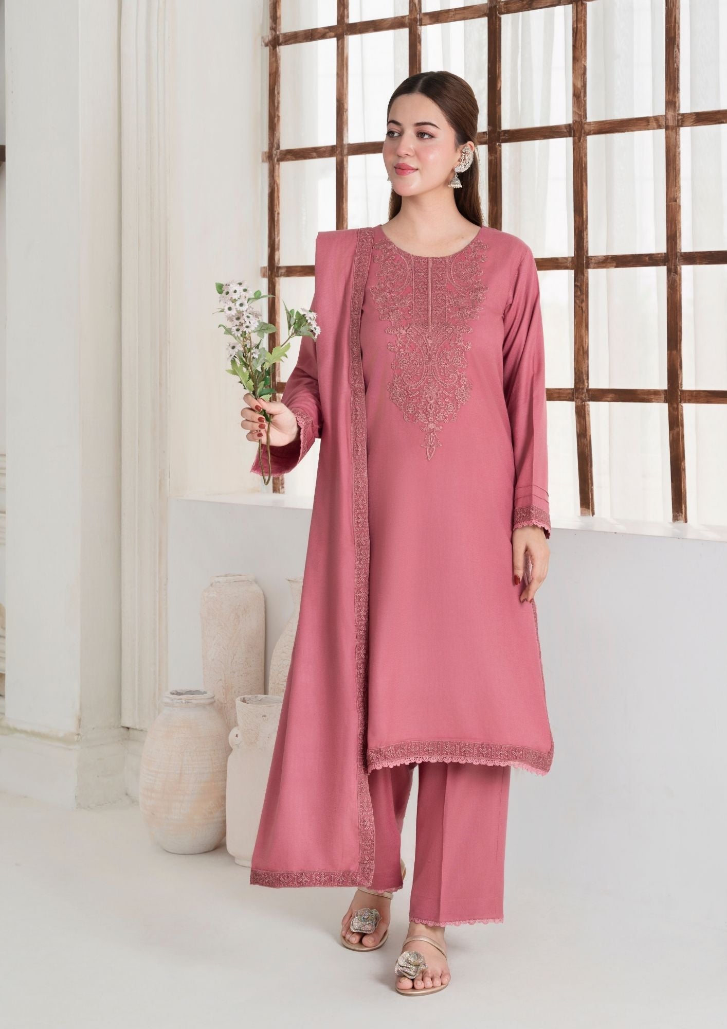 3Pc Embroidered Alpine Wool with Embroidered Border Shawl Tea Pink AML ...